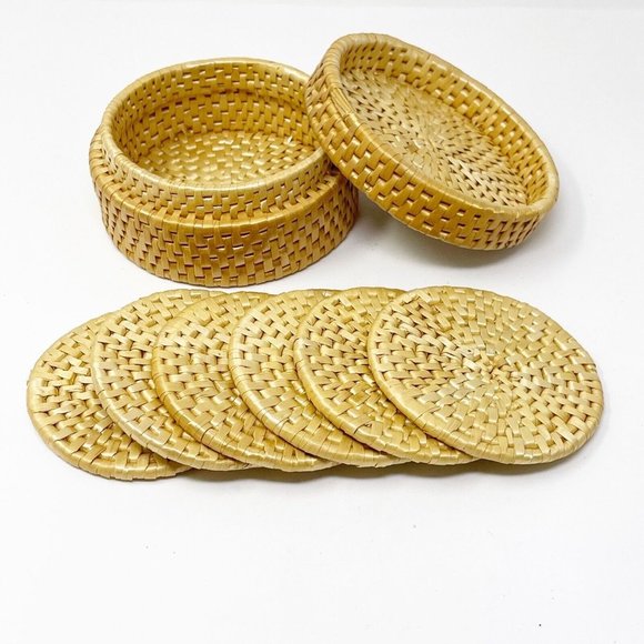 Dining | Vintage Tan Round Woven Rattan Coaster Set 6 Piece Basket Boho ...